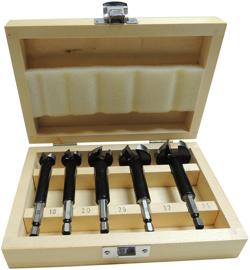 CARB-I-TOOL 5pce TUNGSTEN CARBIDE TIPPED FORSTNER BIT SET IN WOODEN BO ...