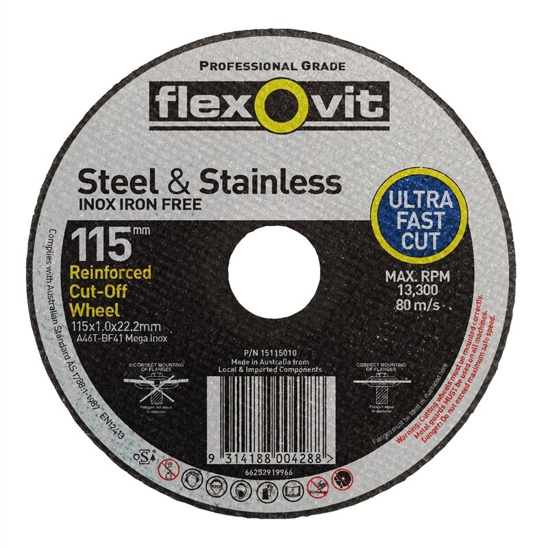 5 x FLEXOVIT 115mm / 4½” MEGA-LINE ULTRA THIN METAL CUTTING CUT-OFF WH ...